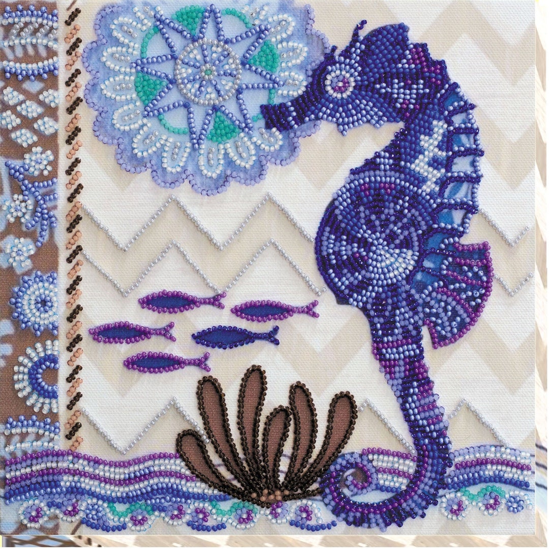 Blue Seahorse Bead Embroidery Kit Needlepoint Kit Under the Sea Themed ...