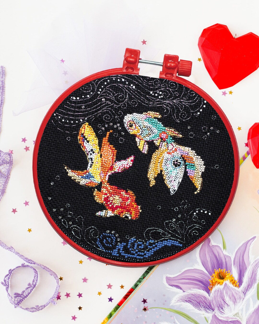 Pair Gold Fish Cross Stitch Kit Love Embroidery Kit Valentine Day Cross ...