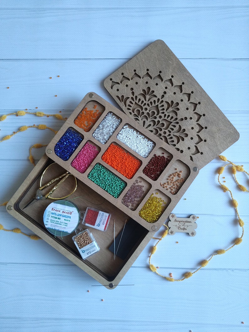 Wood Bead Organizer Box With Wooden Lid Beadwork Accessory | Etsy