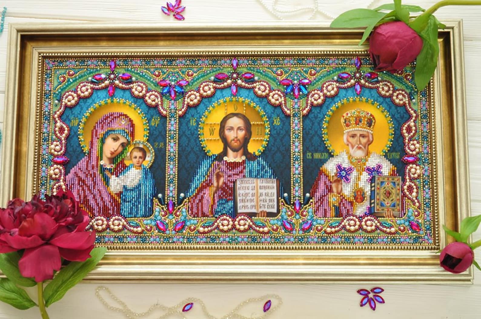 Bead embroidery kit Triple Icon Mary and Jesus Christ Nicholas | Etsy