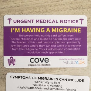 Migraine Card, Migraine Emergency Card, Migraine Medical Card, Migraine ...