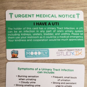 UTI Card, UTI Emergency Card, UTI Medical Card, Urinary Tract Infection ...