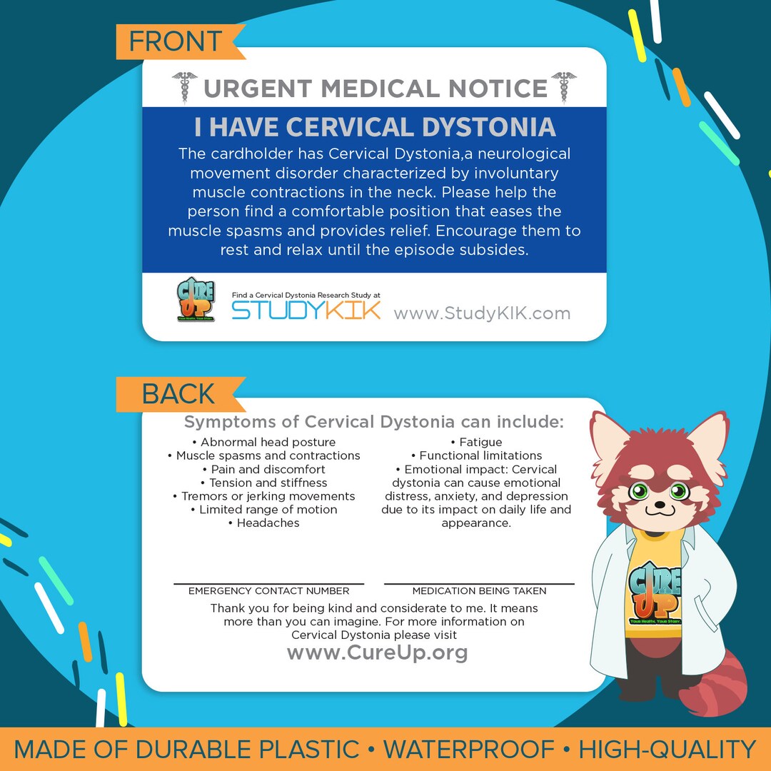 Cervical Dystonia Card, Cervical Dystonia Emergency Card, Cervical ...