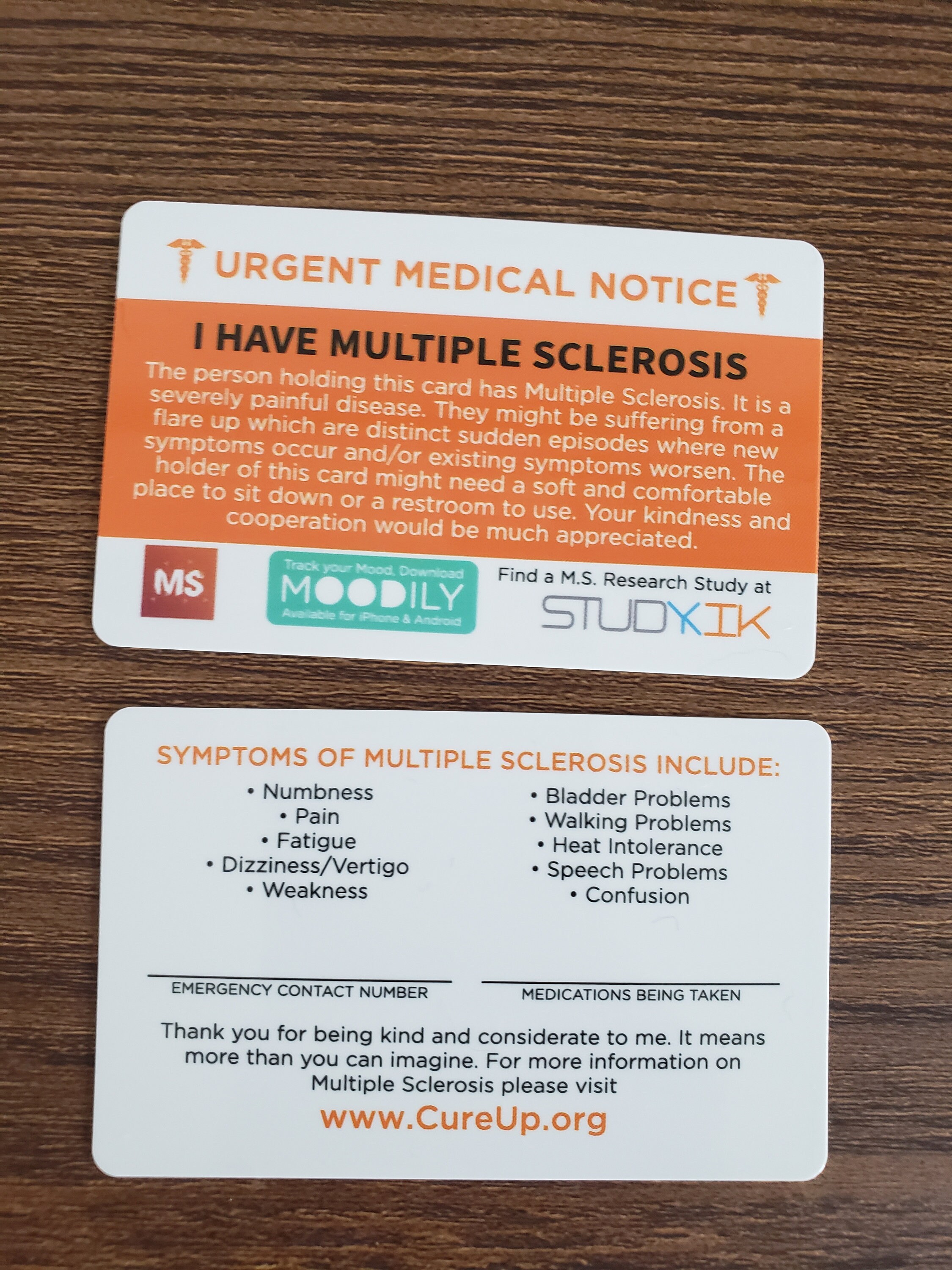 Multiple Sclerosis Card Multiple Sclerosis Emergency Card | Etsy