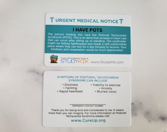 Pots Medical Card, Pots Syndrome Medical Card, Pots Awareness Wallet ...