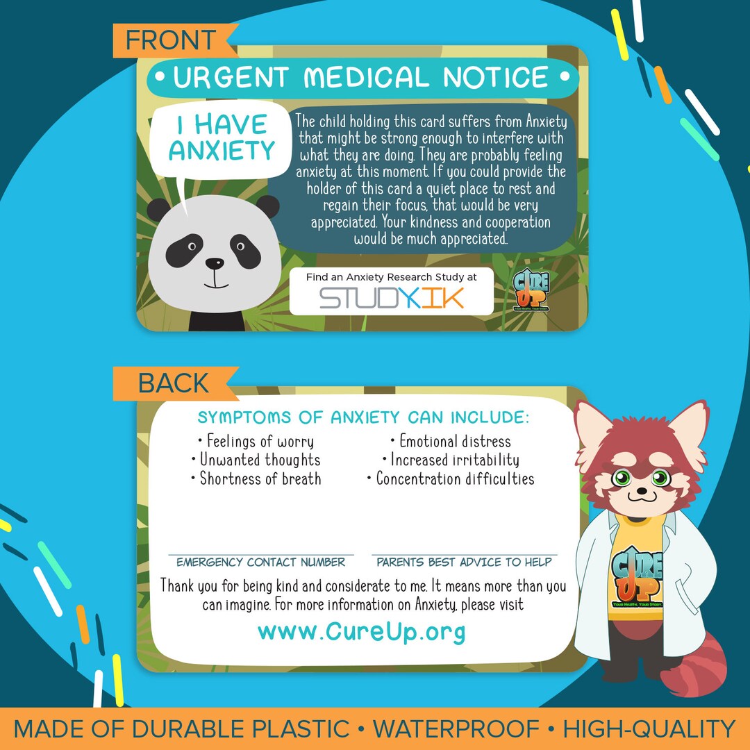 Child Anxiety Card, Child Anxiety Emergency Card, Child Anxiety Medical ...