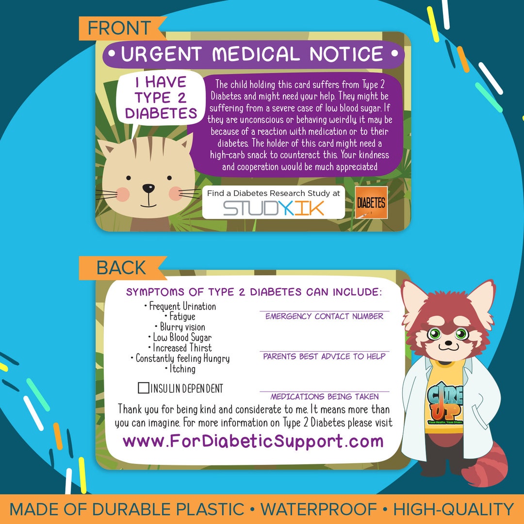 Child Type 2 Diabetes Emergency Card - Etsy