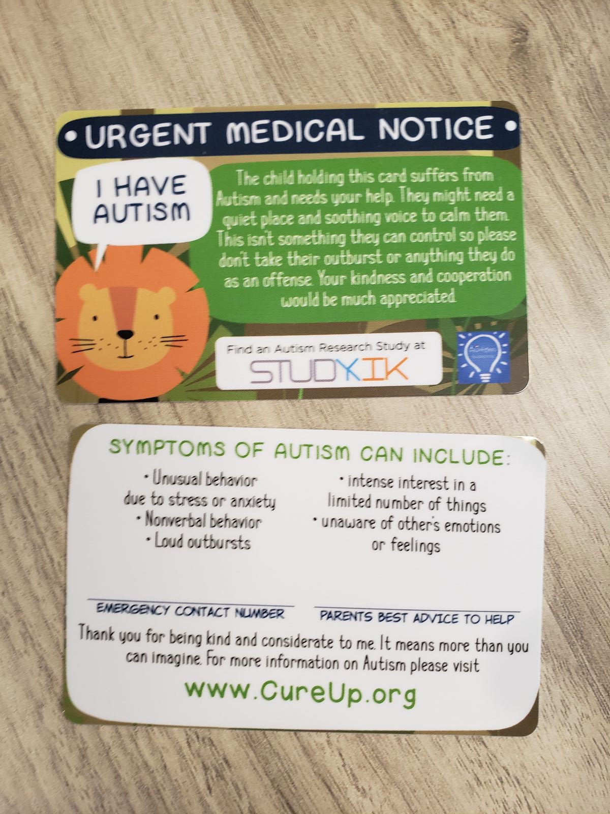 Child Autism Card Child Autism Emergency Card Child Autism | Etsy