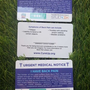 Back Pain Card, Back Pain Emergency Card, Back Pain Medical Card, Back ...