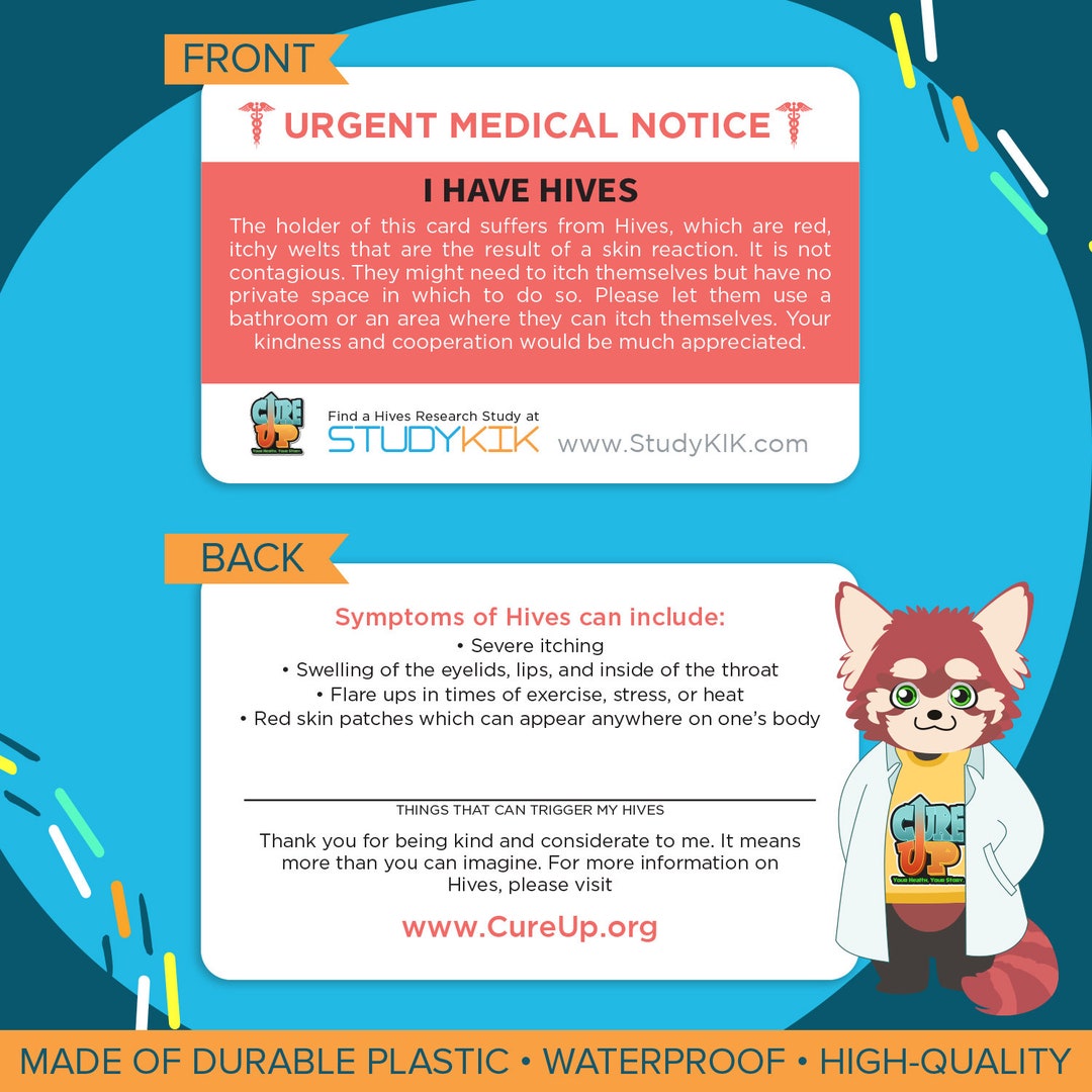 Hives Card, Hives Emergency Card, Hives Medical Card, Hives Alert Card ...
