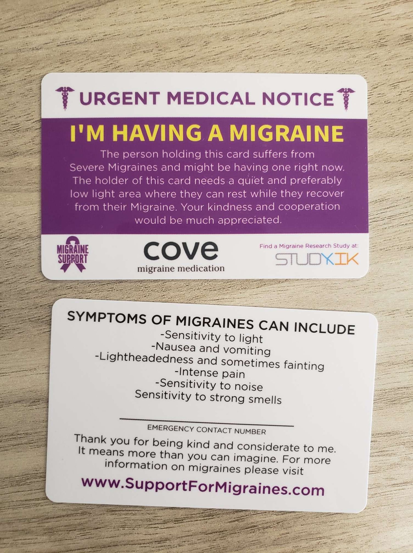 Migraine Card Migraine Emergency Card Migraine Medical Card - Etsy UK