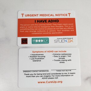 ADHD Card, ADHD Emergency Card, ADHD Medical Card, Attention Deficit ...