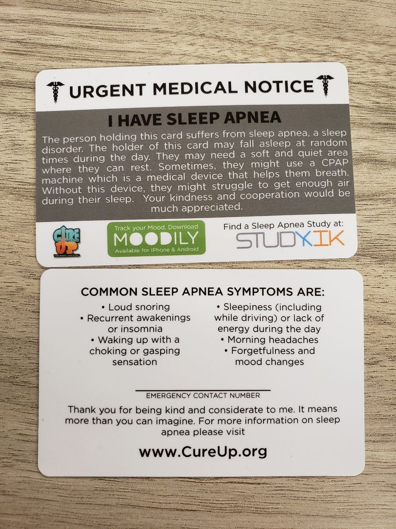 Sleep Apnea Card Sleep Apnea Emergency Card Sleep Apnea - Etsy