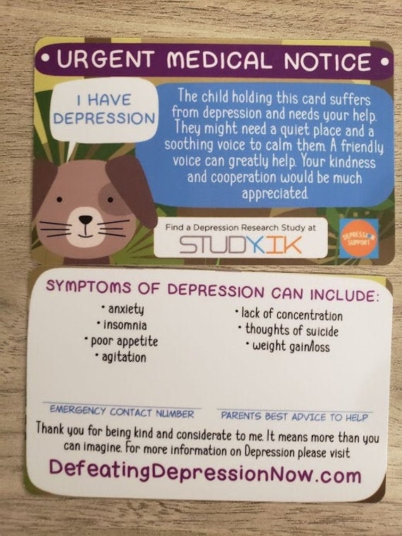 Child Depression Card Child Depression Emergency Card Child | Etsy