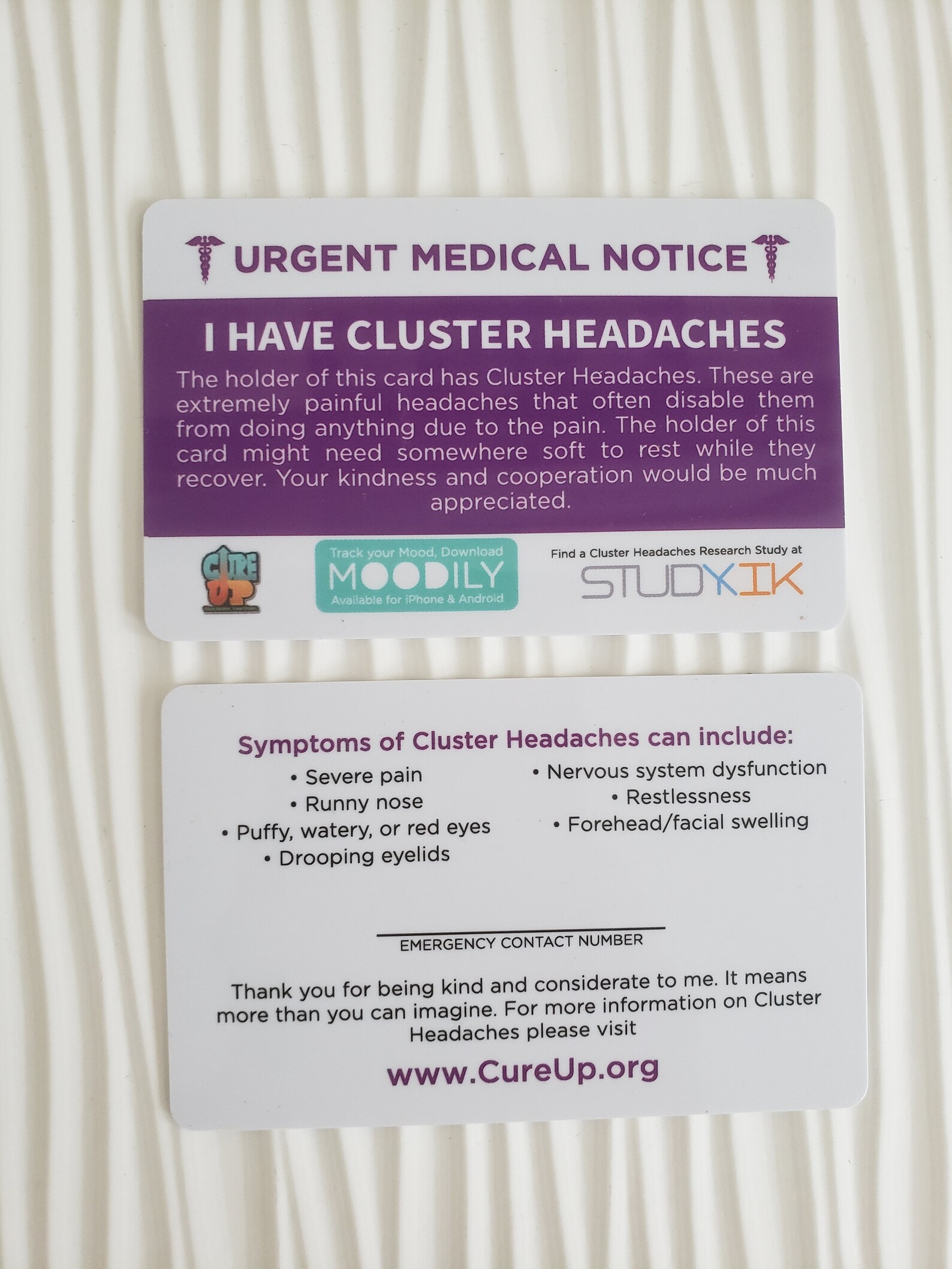 Cluster Headaches Card Cluster Headaches Emergency Card - Etsy