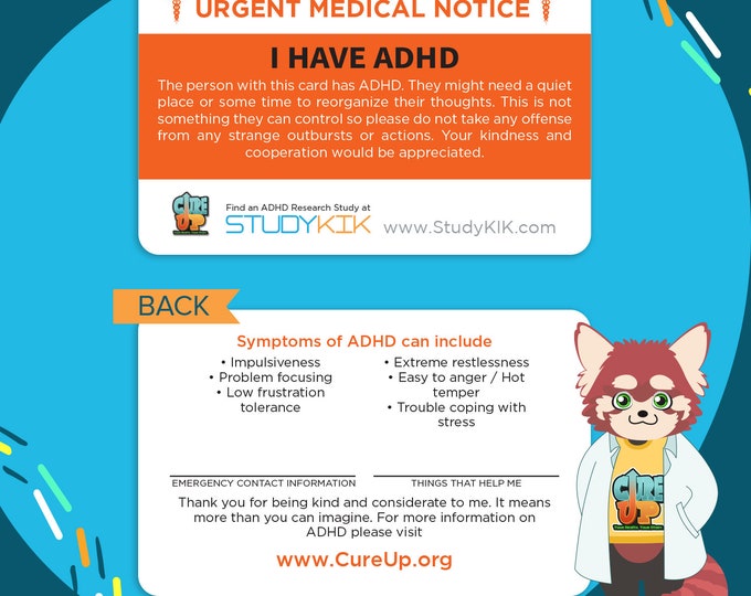 ADHD Card, ADHD Emergency Card, ADHD Medical Card, Attention Deficit ...