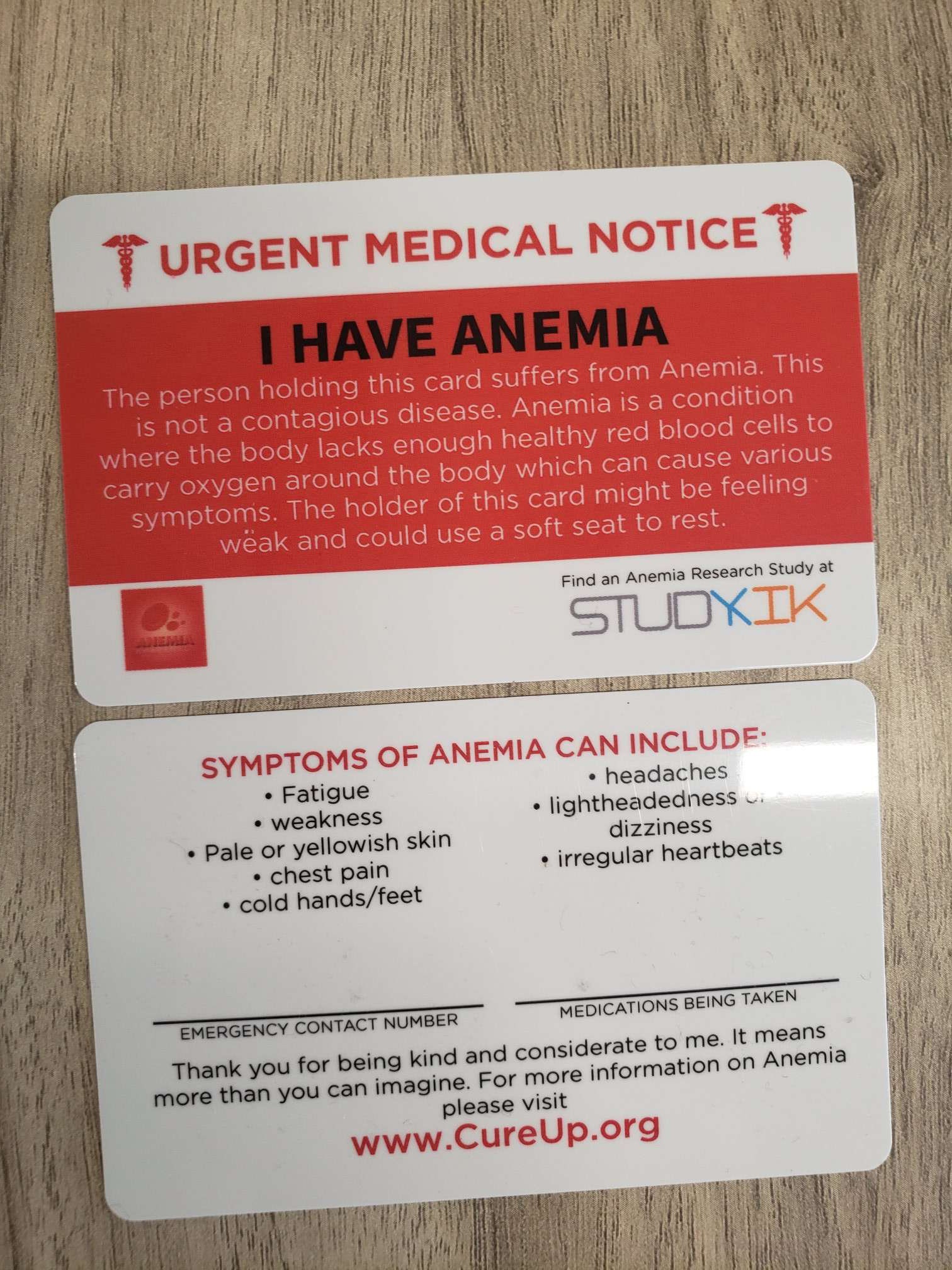 Anemia Card Anemia Emergency Card Anemia Medical Card | Etsy UK