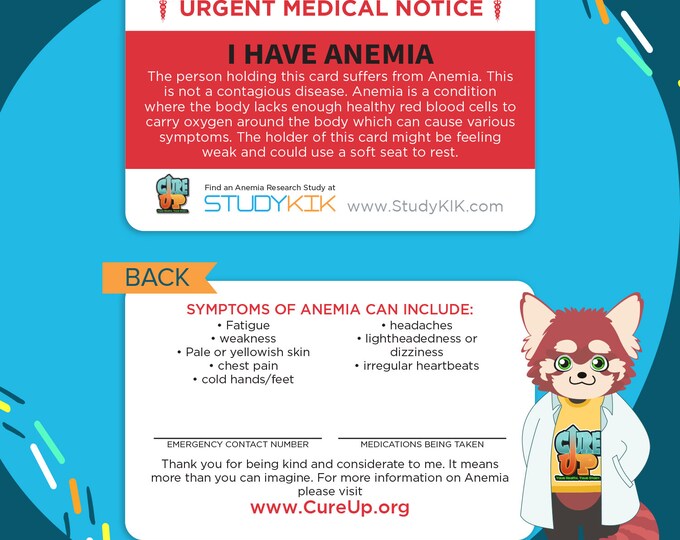 Anemia Card, Anemia Emergency Card, Anemia Medical Card, Anemia Alert ...