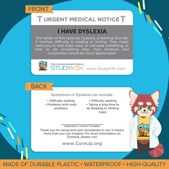 Dyslexia Card Dyslexia Emergency Card Dyslexia Medical Card | Etsy