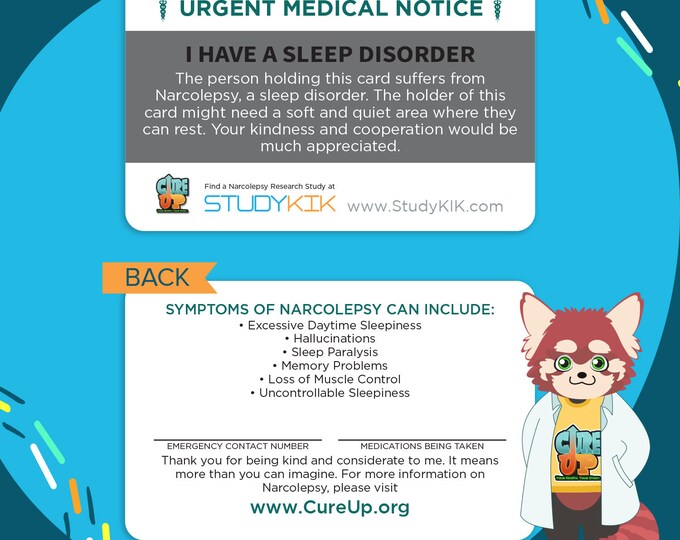 Narcolepsy Card, Narcolepsy Emergency Card, Narcolepsy Medical Card ...