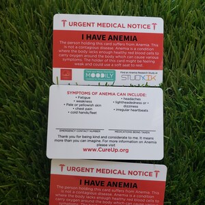 Anemia Card, Anemia Emergency Card, Anemia Medical Card, Anemia Alert ...