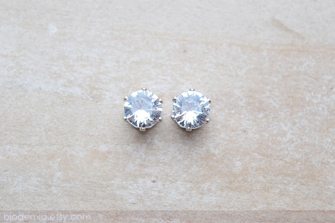 Round Clear Zirconia Silver Tone Minimalist Stud Earrings by - Etsy