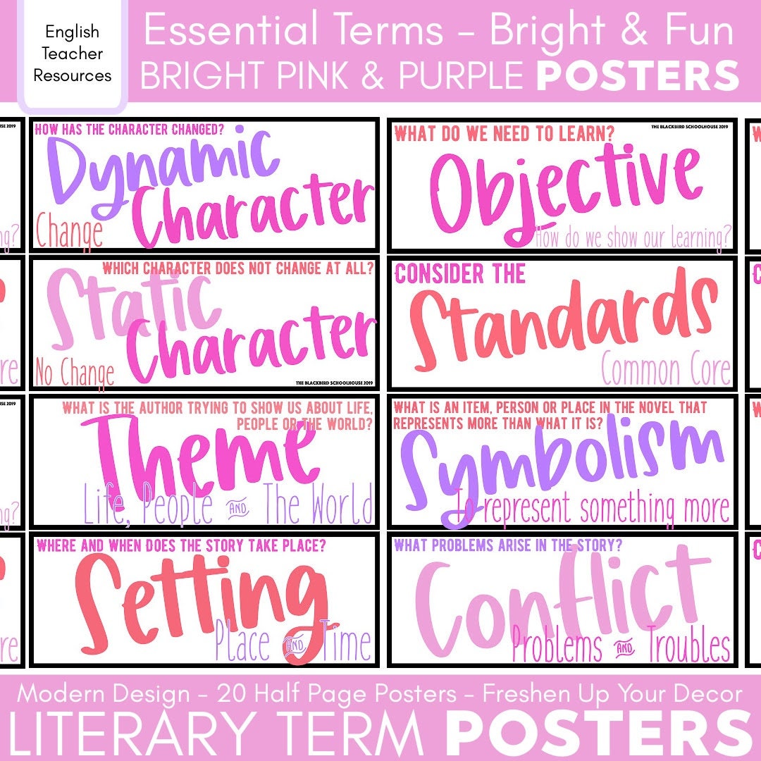 Pink Classroom Decor: Literary Terms Posters, Reading Response, Word ...