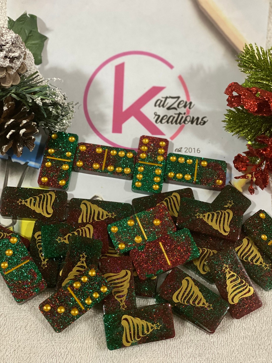 Custom Christmas Dominos, Holiday Dominos, Red Glitter, Green Glitter ...