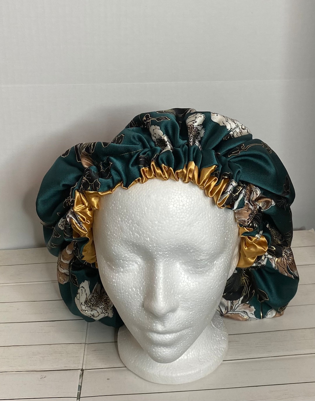 Custom Made Green Floral/gold Satin Adult Bonnet, Satin Bonnet, Sleep ...