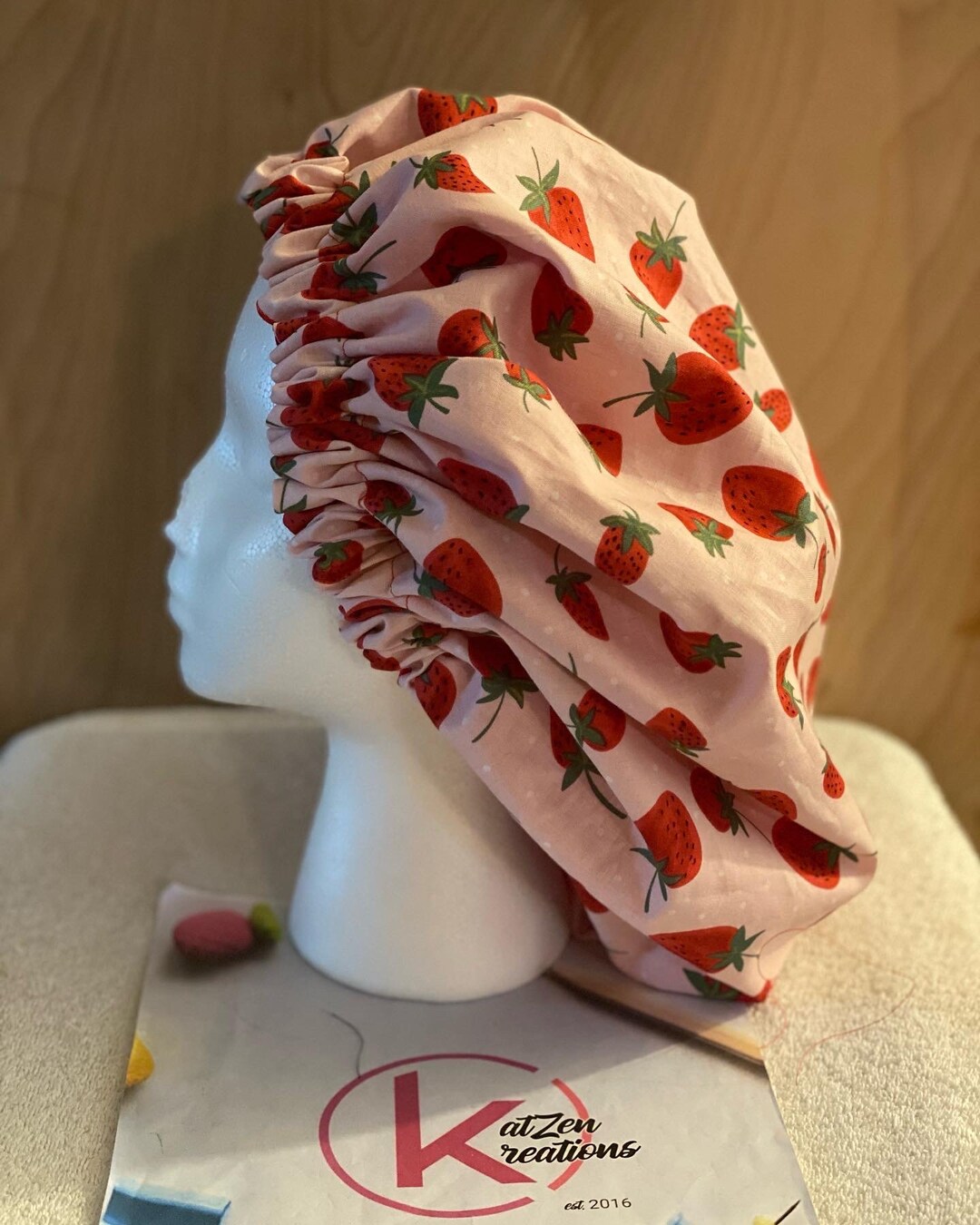 Custom Made Strawberry Print Adult Bonnet, Satin Bonnet, Sleep Cap ...