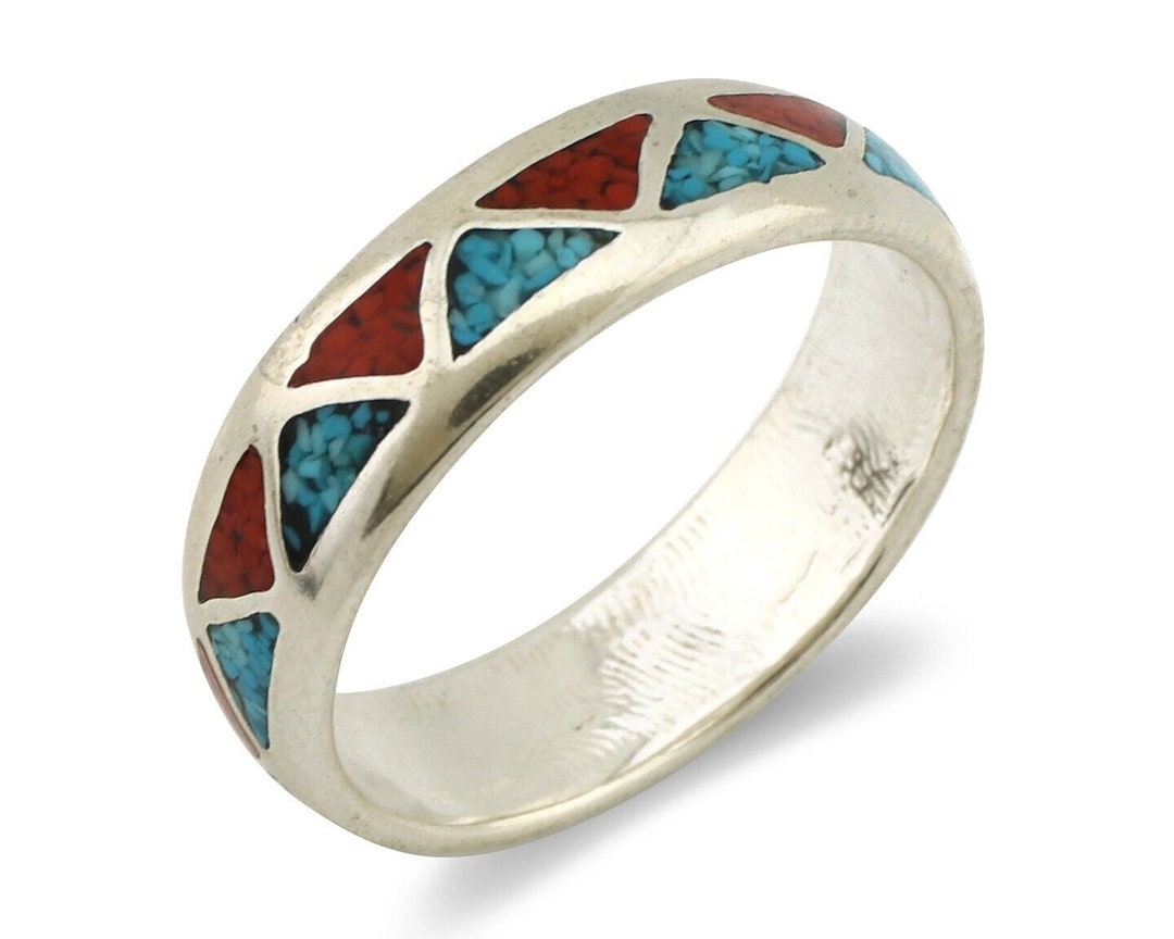 Navajo Chip Inlay Ring 925 Silver Sleeping Beauty Turquoise & Coral ...