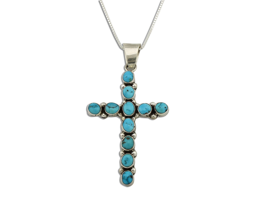 Navajo Cross Necklace 925 Silver Natural Blue Turquoise Artist Signed ...
