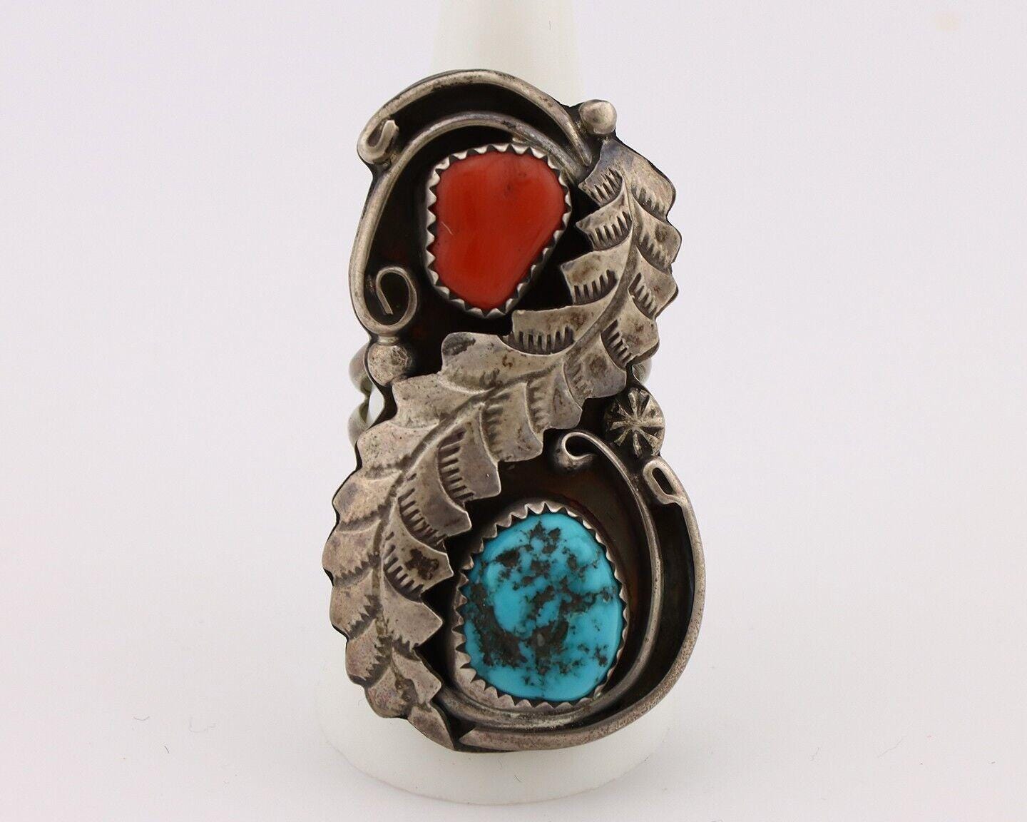 Navajo Ring 925 Silver Blue Turquiose & Coral Artist Signed Wes Craig C ...