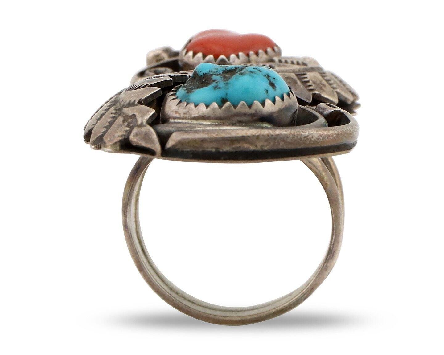 Navajo Ring 925 Silver Blue Turquiose & Coral Artist Signed Wes Craig C ...