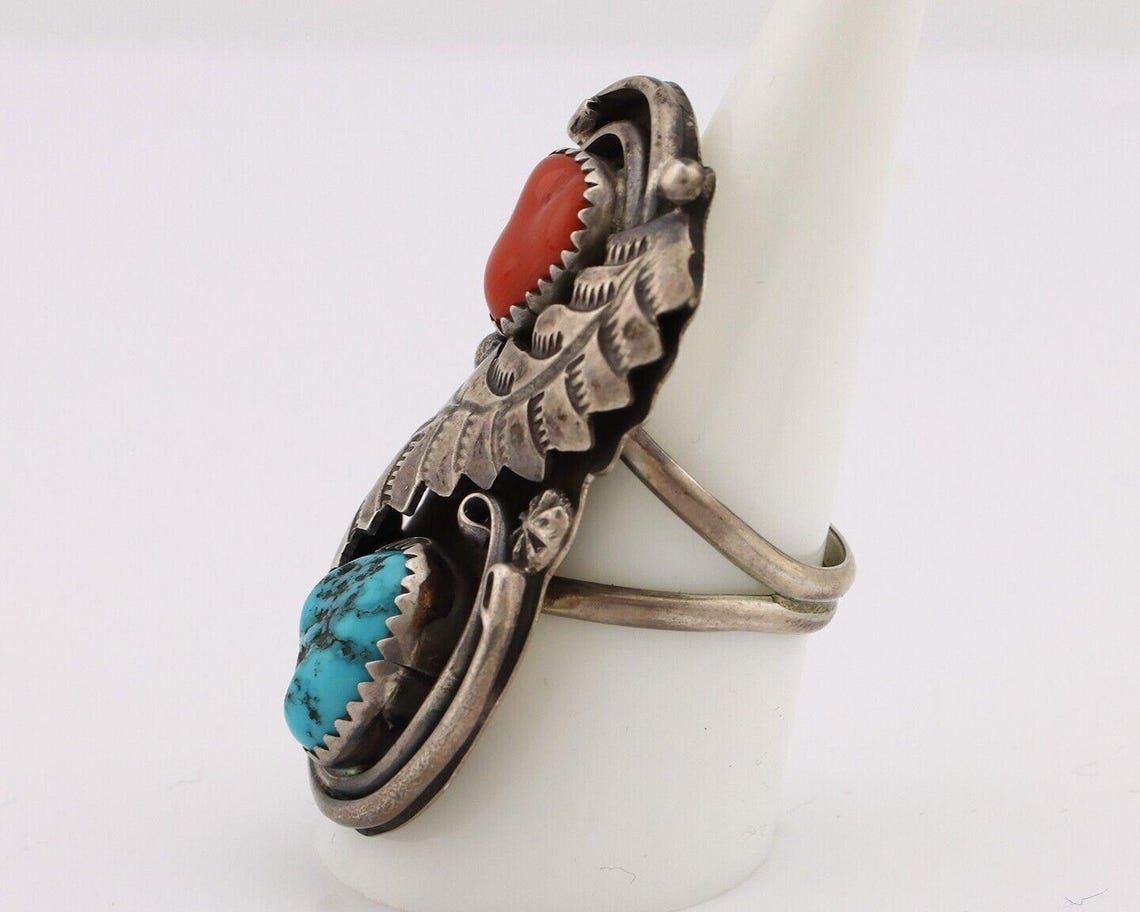 Navajo Ring 925 Silver Blue Turquiose & Coral Artist Signed Wes Craig C ...