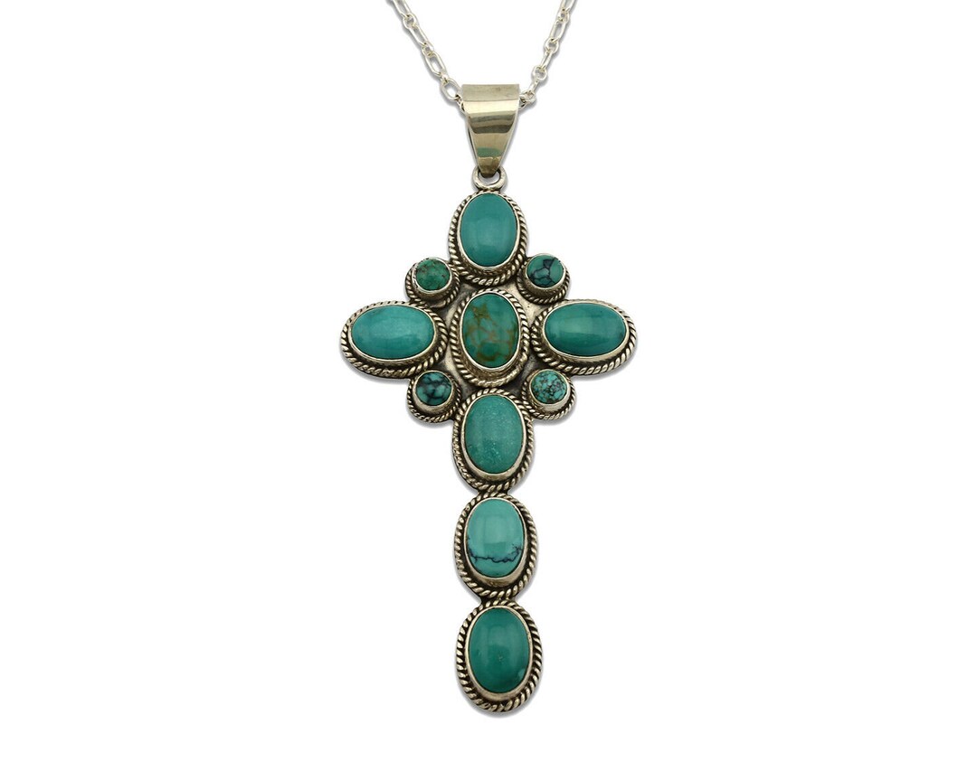 Navajo Cross Necklace .925 Silver Blue Green Turquoise Signed RB C.80's ...