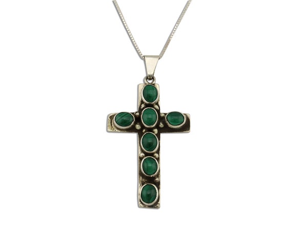Navajo Cross Necklace 925 Silver Malachite Artist Sig… - Gem