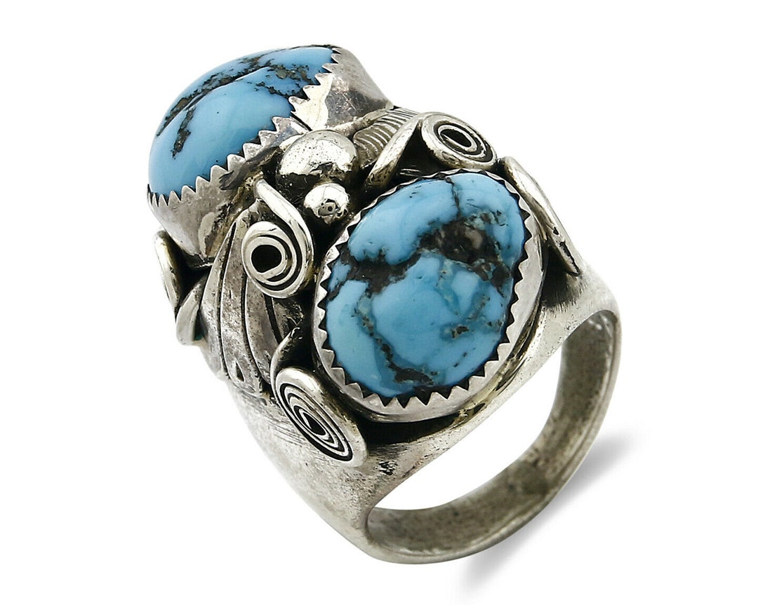 Zuni Ring .925 SOLID Silver Sleeping Beauty Turquoise Signed BC C.1980 ...