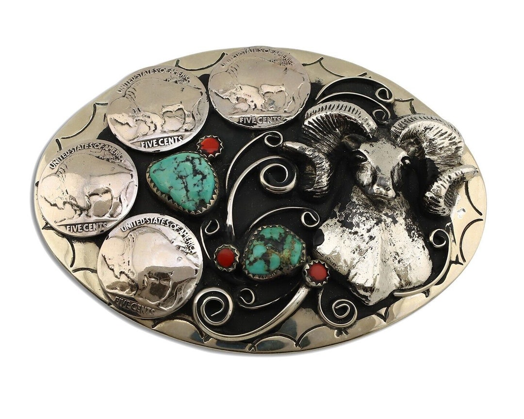 Navajo Ram Belt Buckle Nicle Silver Gemstone Handmade Native American ...