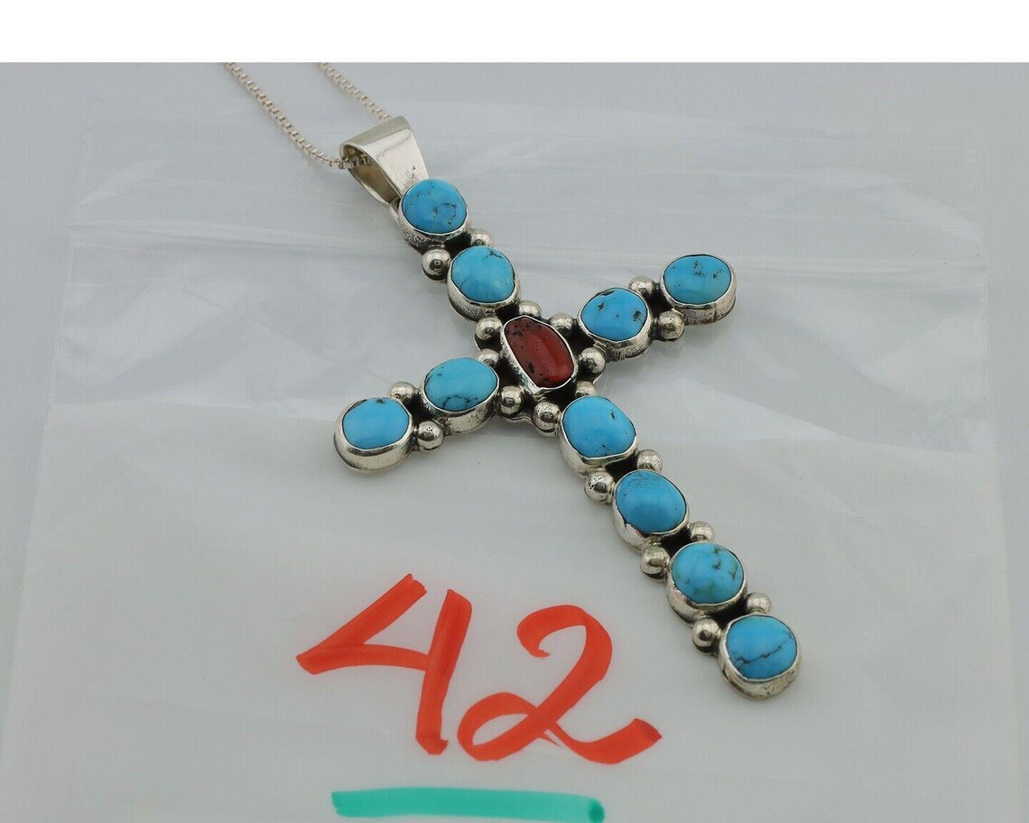 Navajo Cross Necklace 925 Silver Blue Turquoise Artist Signed JWJ C.80 ...