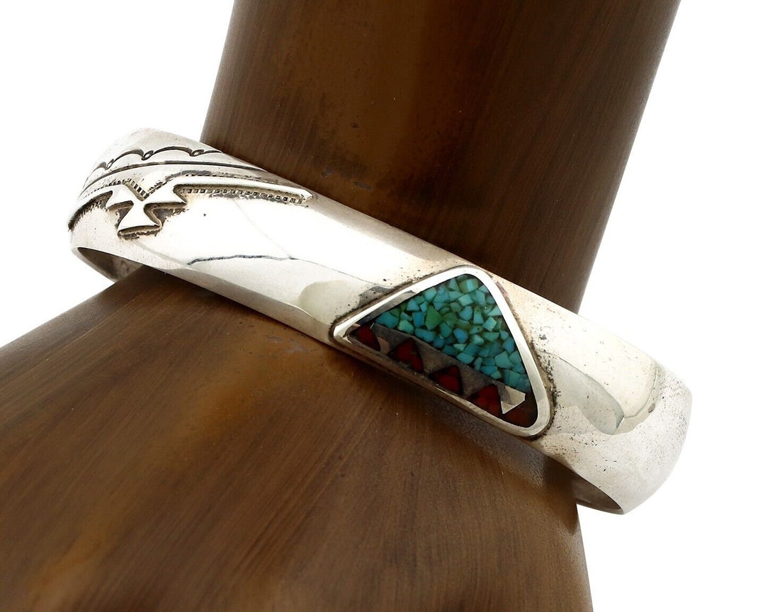 Navajo Chip Inlay Cuff Bracelet 925 Silver Turquoise & Coral Artist ...