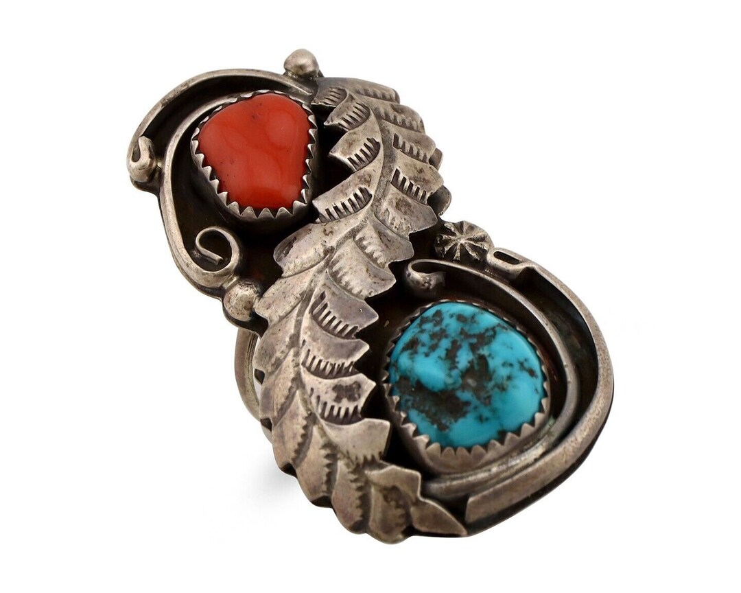 Navajo Ring 925 Silver Blue Turquiose & Coral Artist Signed Wes Craig C ...
