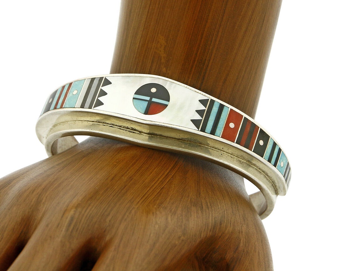 C. 1980's Signed Navajo Artist Ernest Benally Inlaid Gemstone Cuff ...