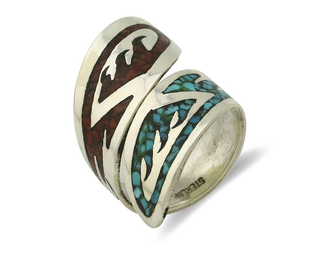 Navajo Chip Inlay Ring 925 Silver Turquoise & Coral Artist Native ...