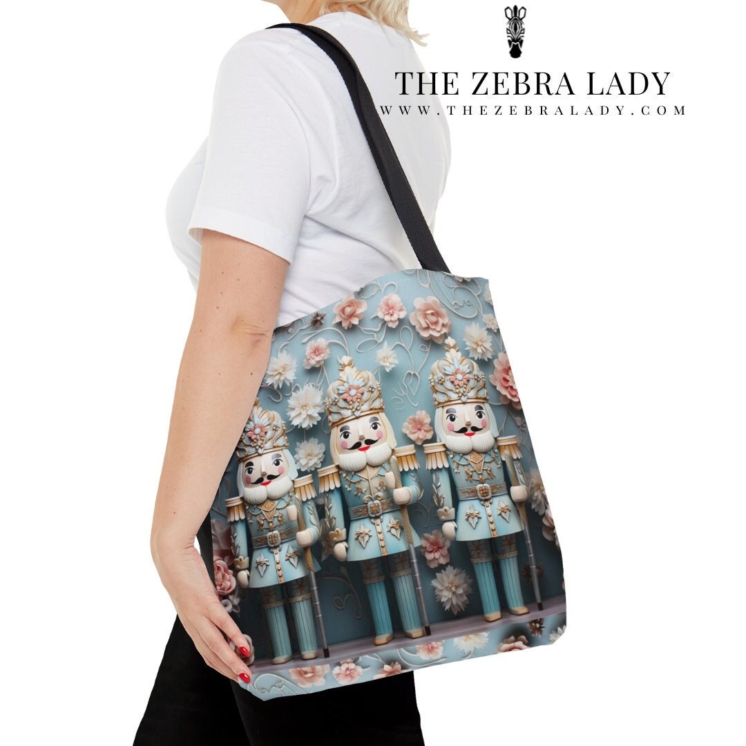 Nutcrackers Tote Bag Powder Blue and Pink, Black Handle Tote, Christmas ...