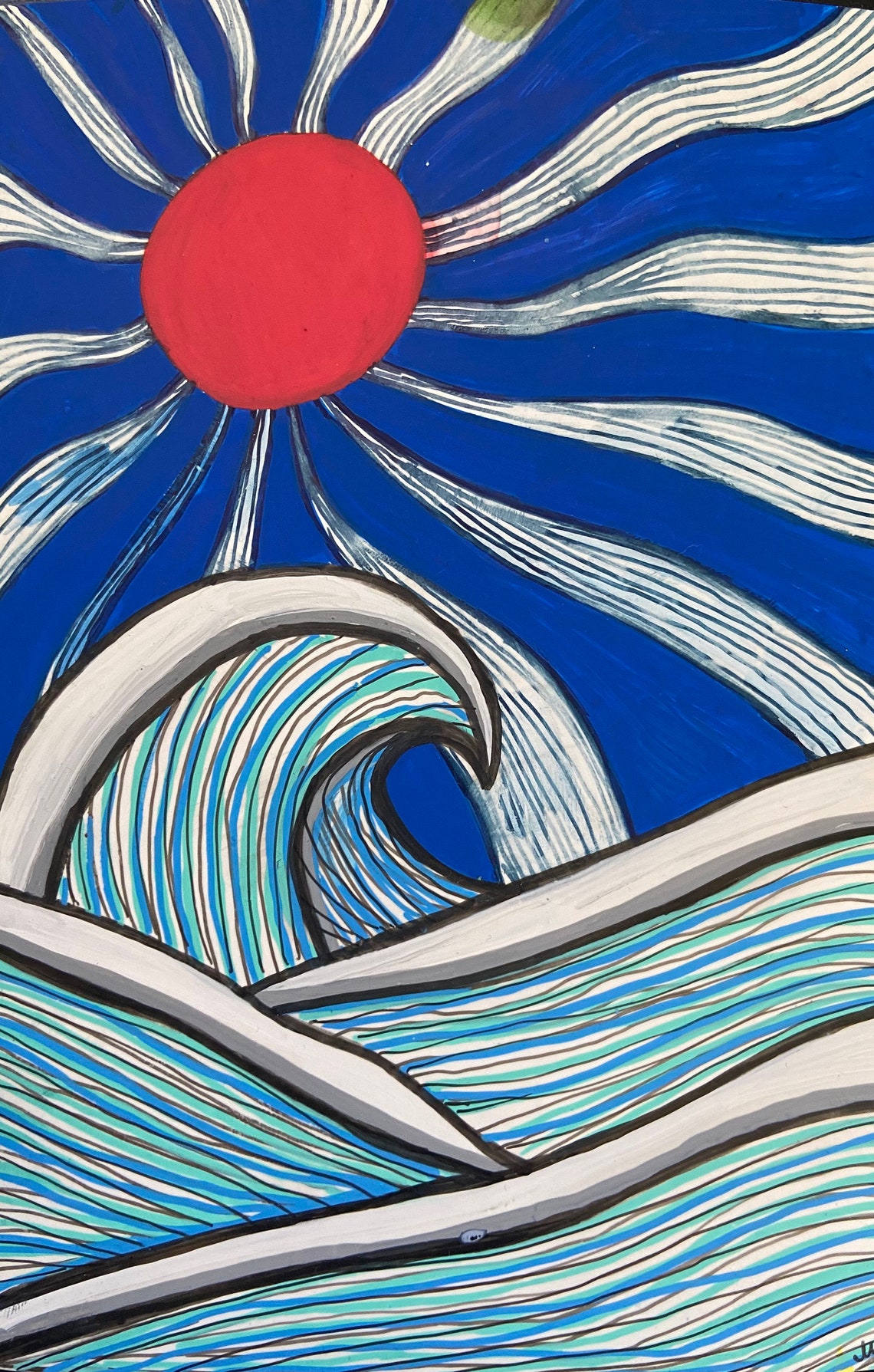 ORIGINAL- 4" X 6" Sun & Waves Line Drawing Illustration W/ Wood Frame ...