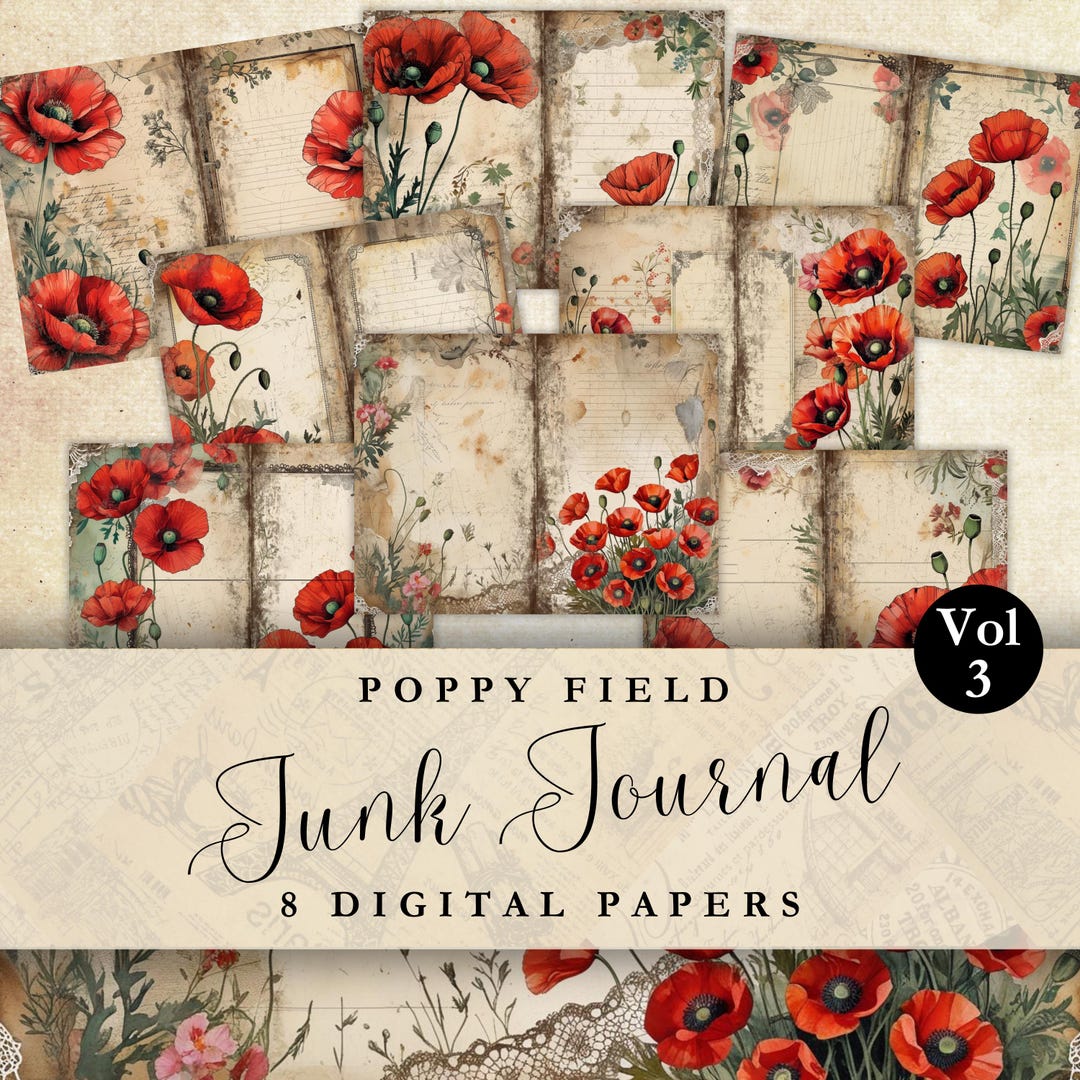 Vintage Poppy Digital Paper Bundle Printable Scrapbooking Junk Journal ...
