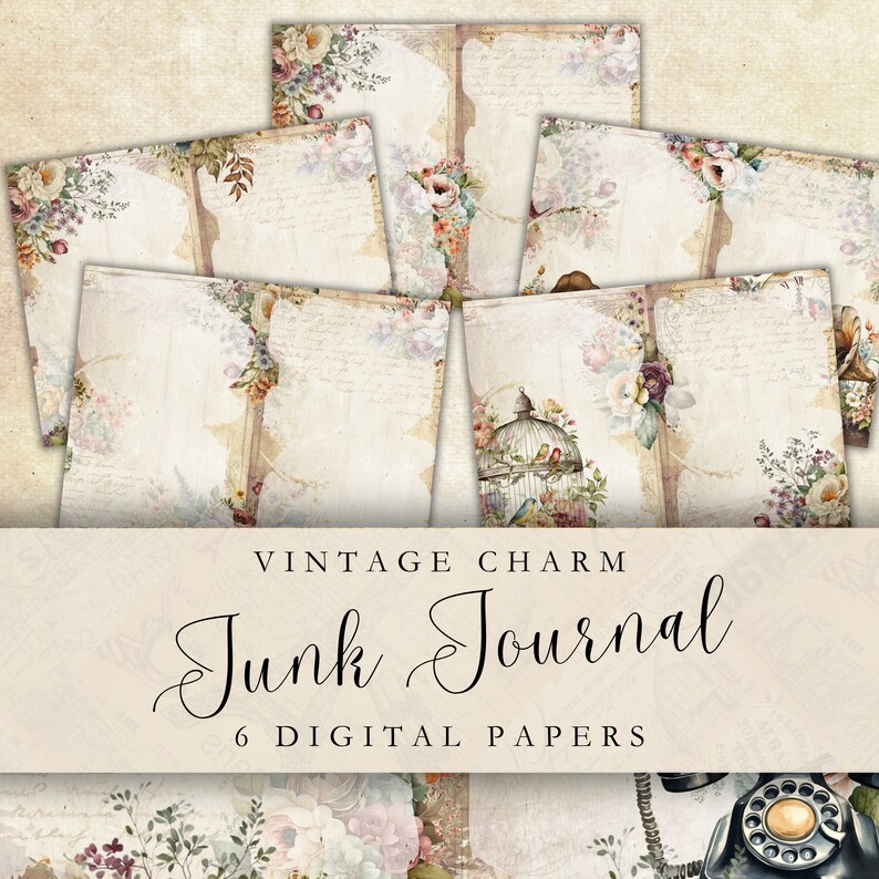 Vintage Floral Junk Journal Page Printable Ephemera Shabby Chic Digital ...