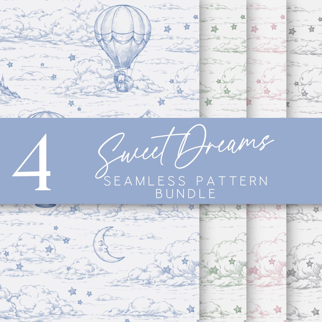 Sweet Dreams Nursery Toile Seamless Pattern Bundle Vintage Hot Air ...