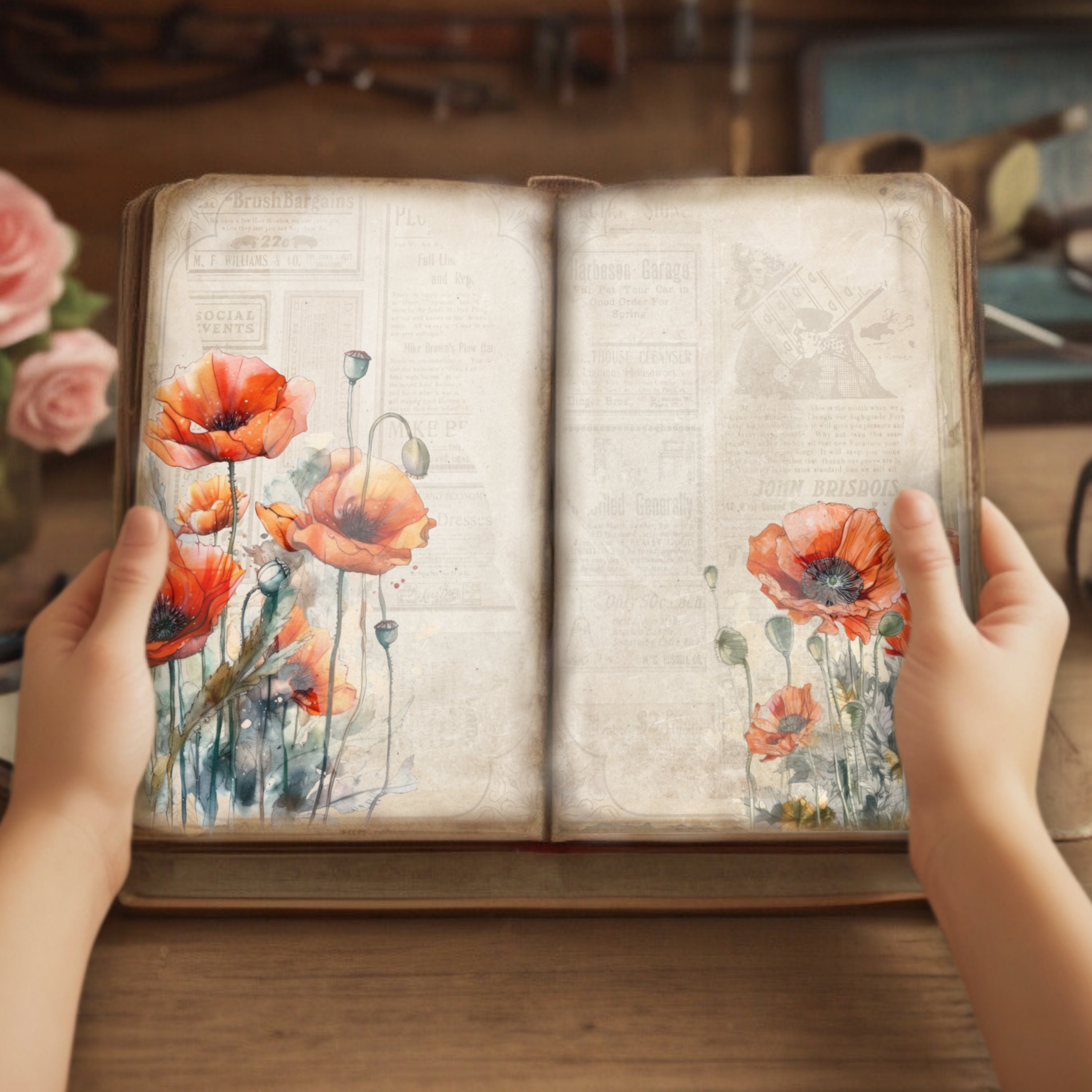 Vintage Poppy Flower Digital Paper Bundle Printable Page for Junk ...